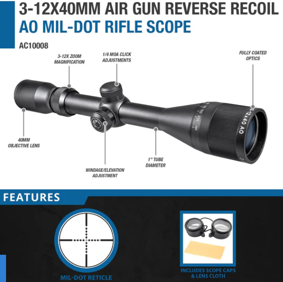 Barska Air Gun Scope 3-12x40mm Dot AO – Sports Hut